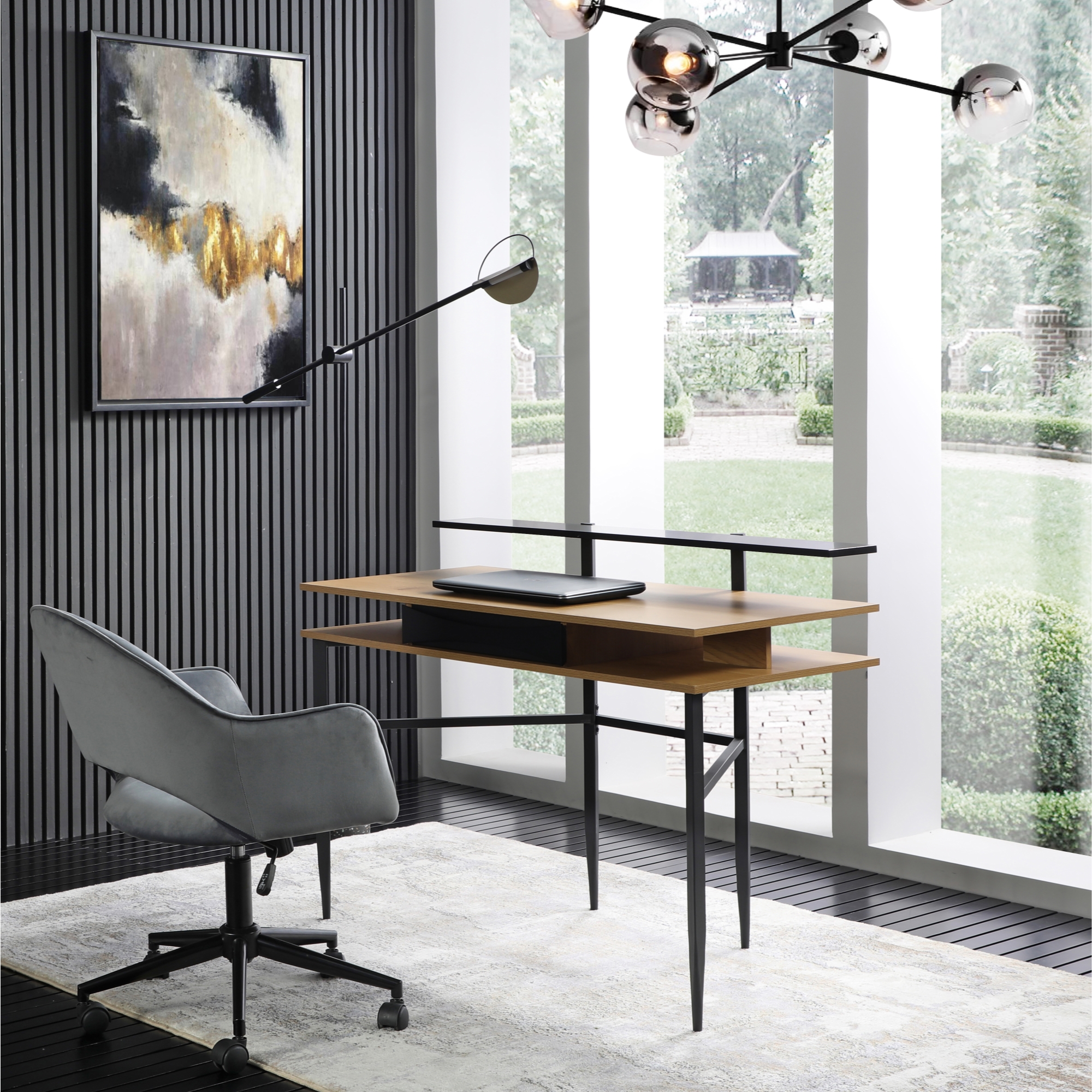 Levon Rectangular MDF Office Desk with 1 Drawer, Natural/Black ...