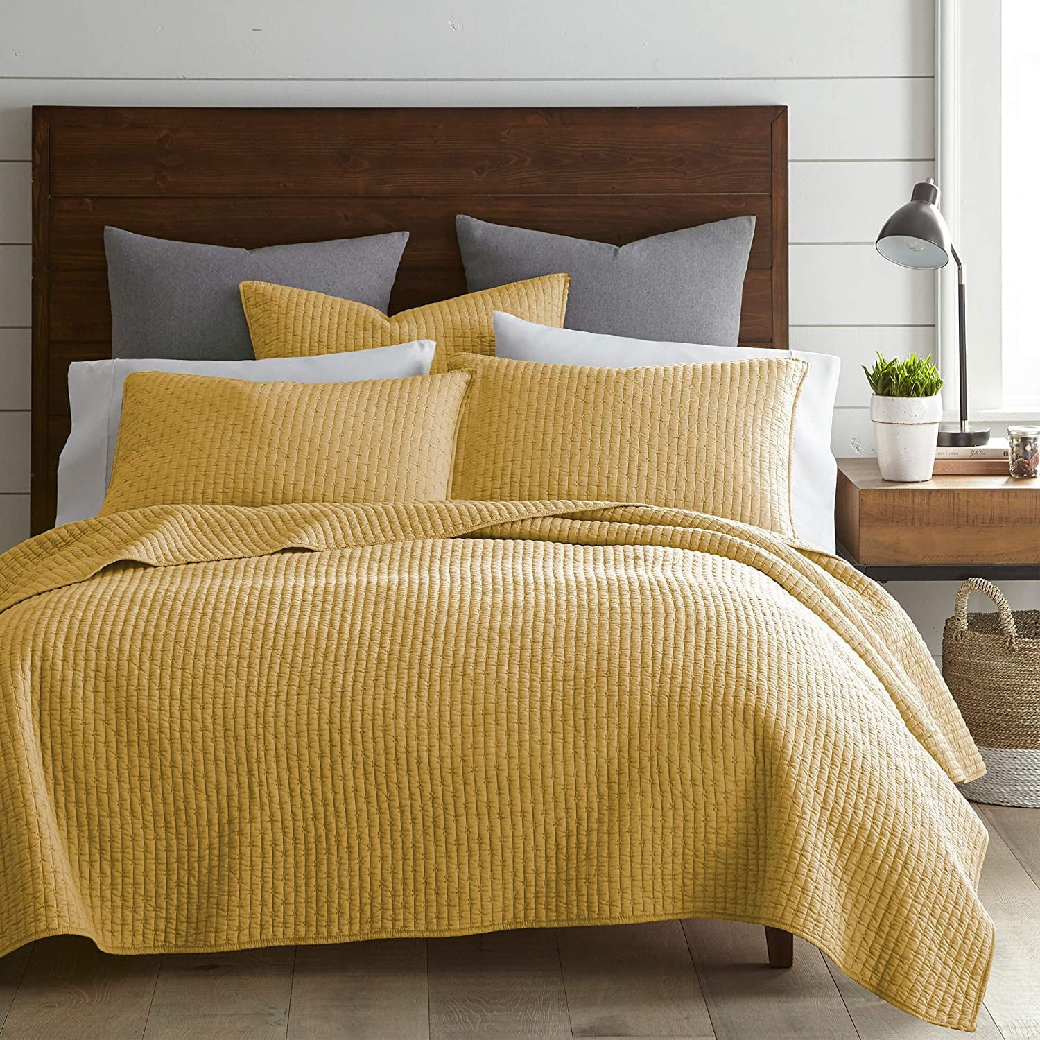 Levtex Home Cross Stitch Yellow Cotton Quilt Set, King - Reversible ...