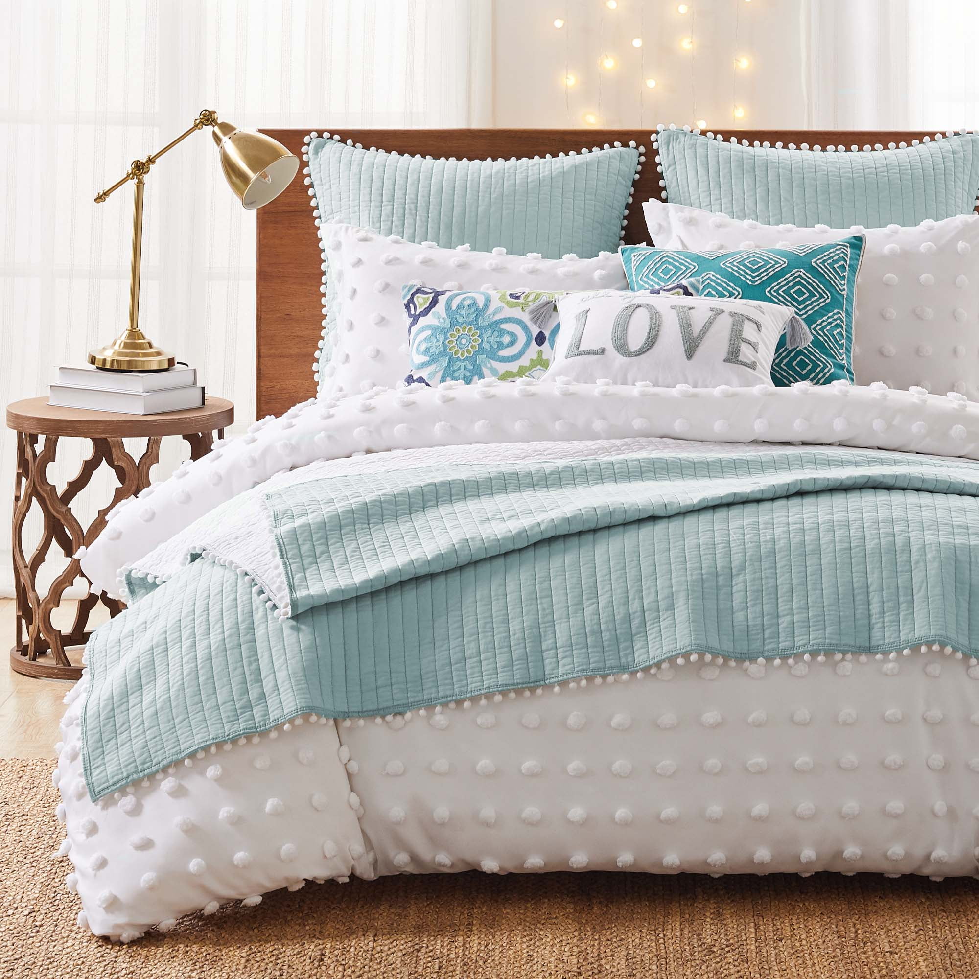 Levtex Home - Twin Size Pom Pom Quilt in Teal Green and Blue Haze ...