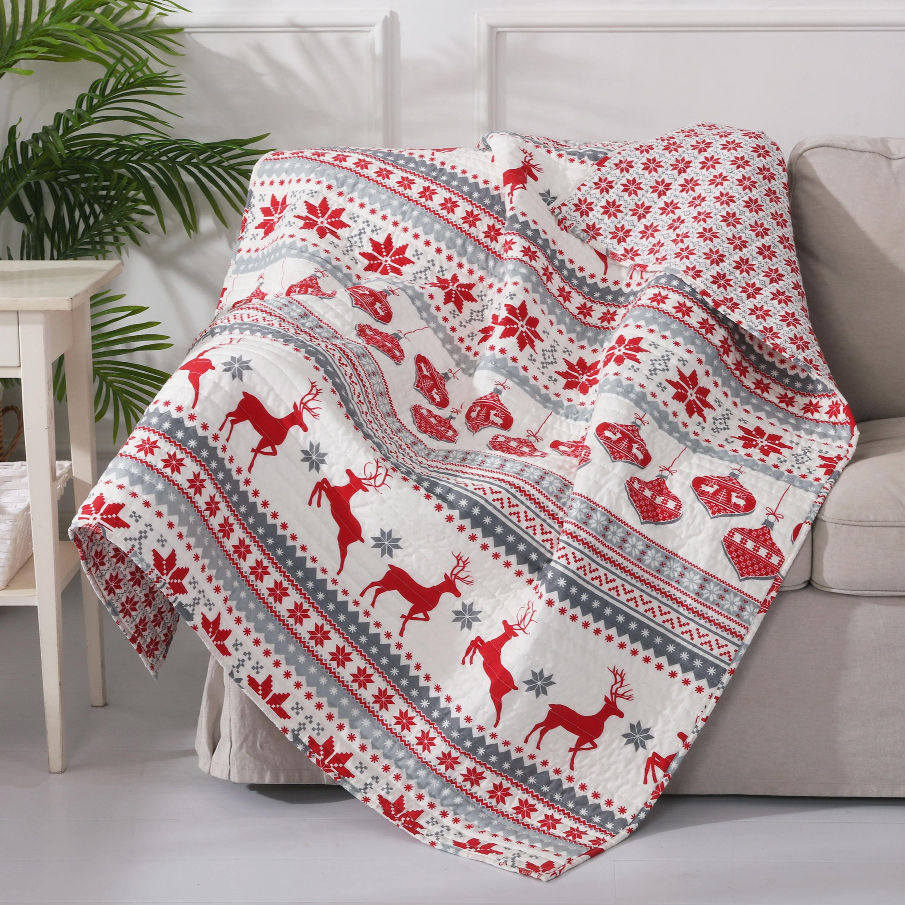 Levtex - Silent Night - Quilted Throw - 50x60in. - Fair Isle Deer - Red ...