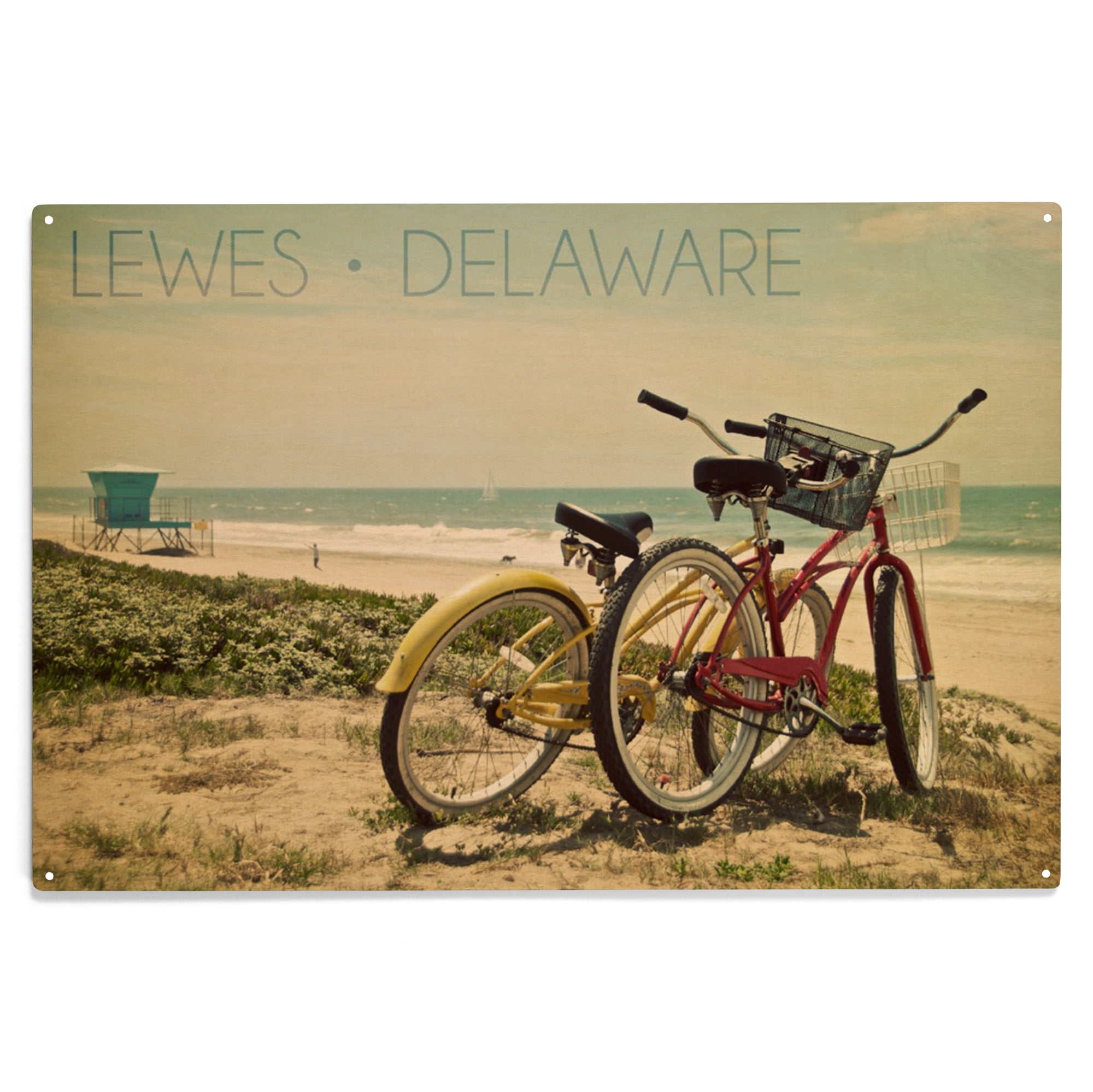 Lewes, Delaware, Bicycles and Beach Scene Birch Wood Wall Sign (10x15 ...