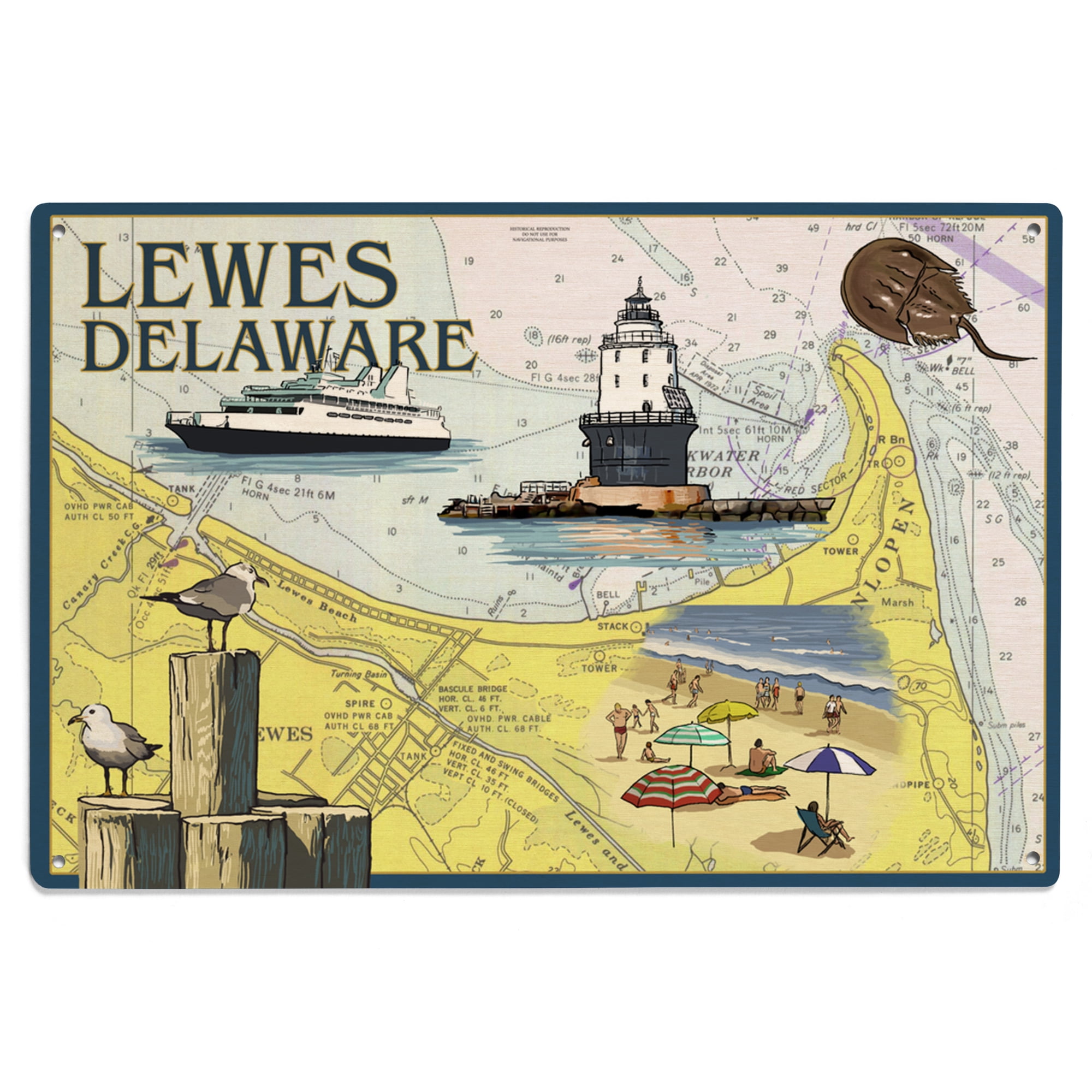 Lewes, Delaware, Nautical Chart #2 Birch Wood Wall Sign (6x9 Rustic ...