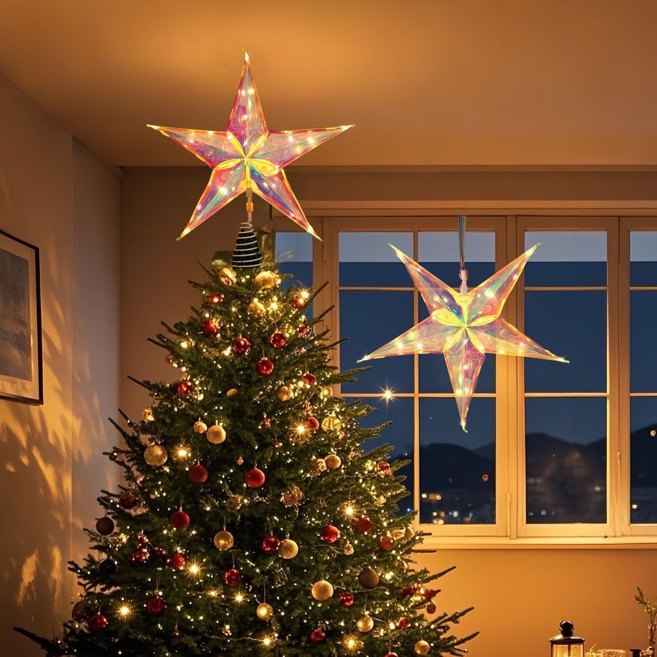 Lewondr 2 Pack Hanging Star Light with Timer Function, 13'' Christmas Tree Topper for Home Porch ...