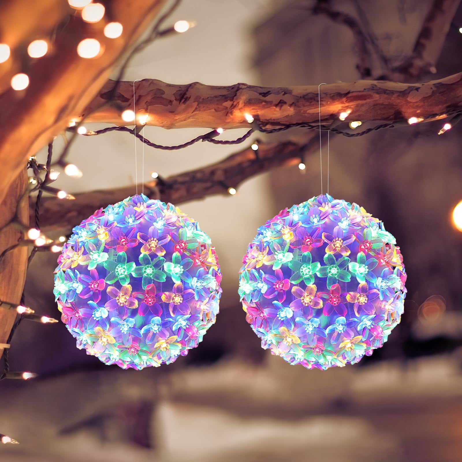 Lewondr Christmas Light Ball Cherry Blossom Sphere, Battery Powered ...