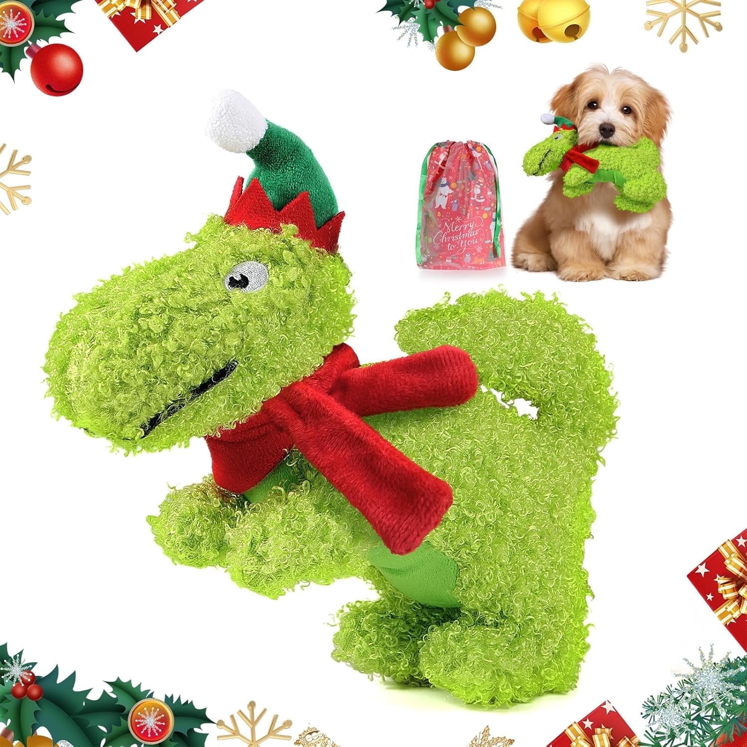 Lewondr Christmas Squeaky Dog Toys, Xmas Dinosaur Plush Dog Toy with ...