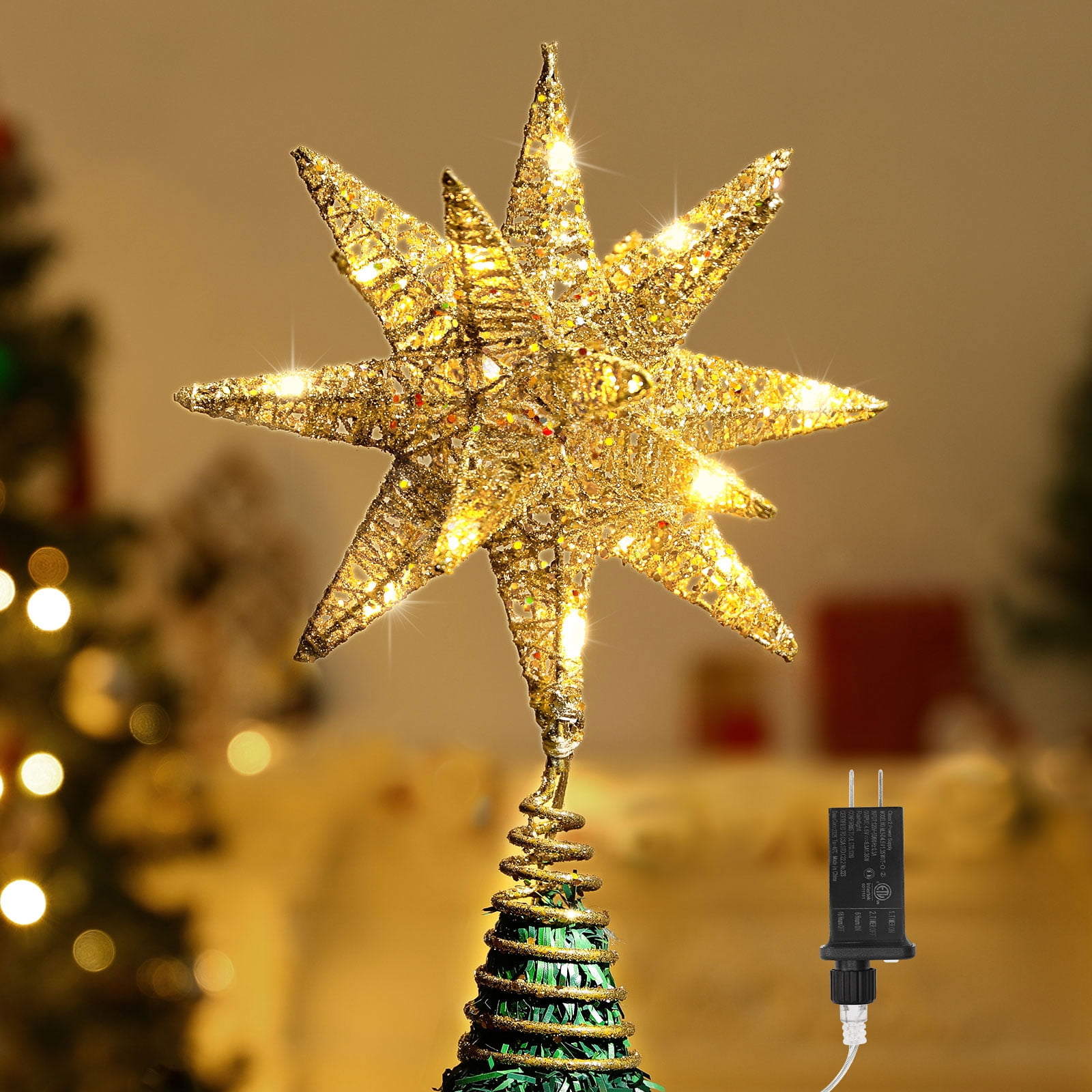 Lewondr 3D Geometric Christmas Star Tree Topper with LED Light, Timer ...
