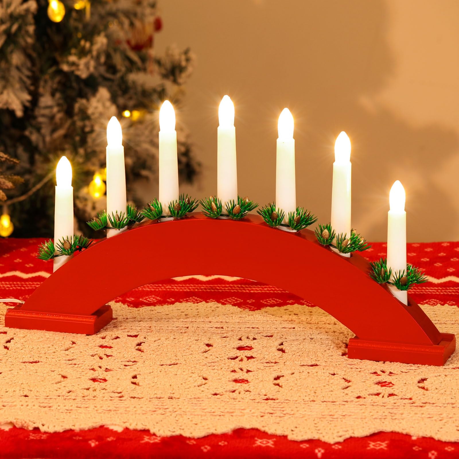 Lewondr Christmas Swedish Candelabra, 7 Taper Flameless Candles with ...