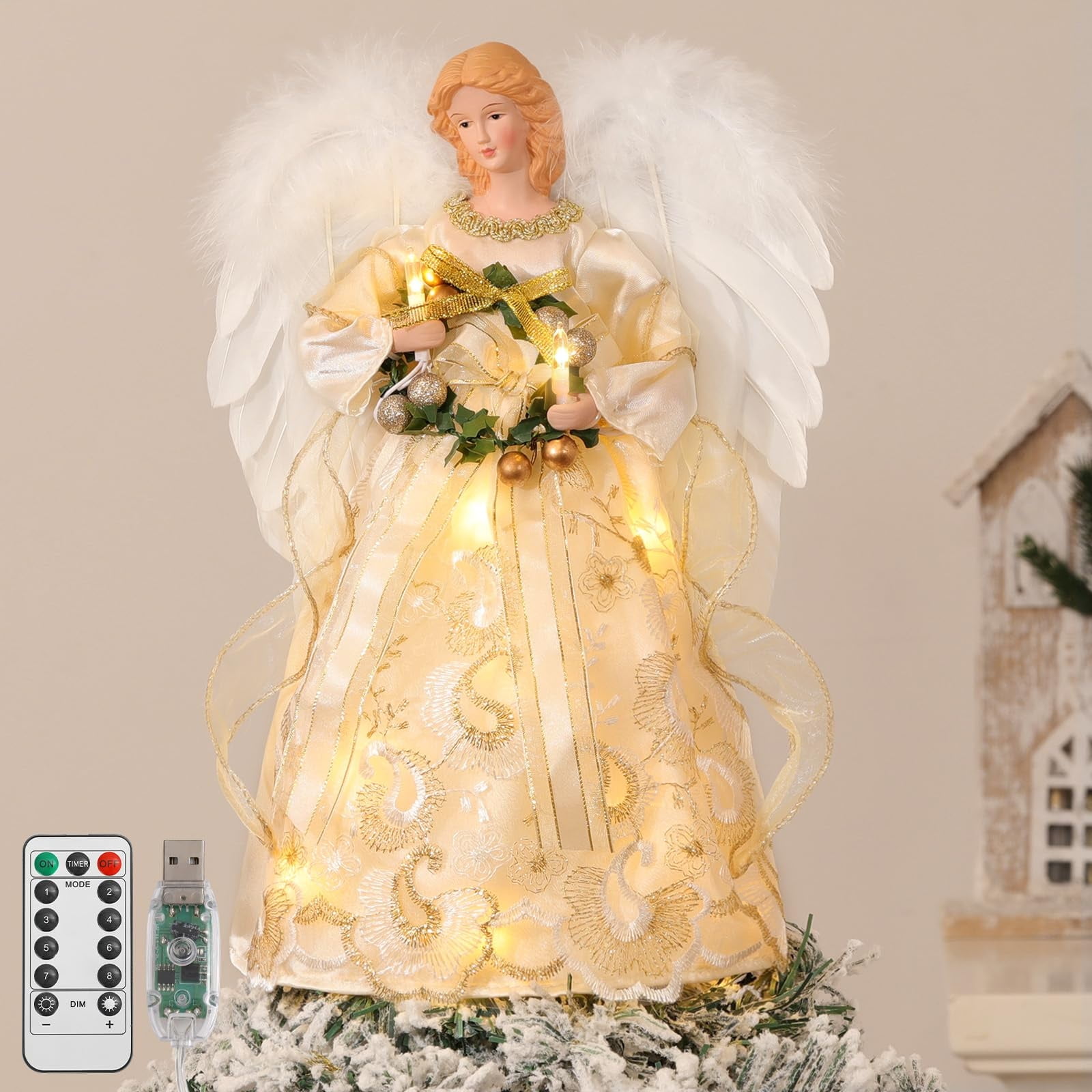 Lewondr Christmas Tree Topper Angel, 12'' Light Up Angel Tree Topper ...