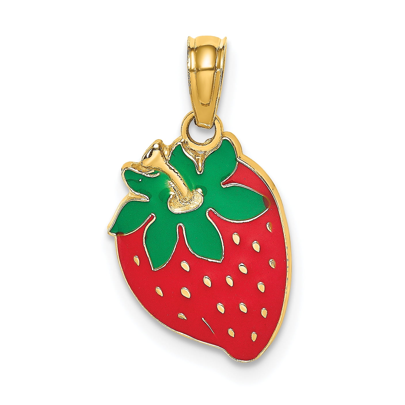 Lex & Lu 14k Yellow Gold w/Enamel 2D Strawberry with Stem and Leaf ...