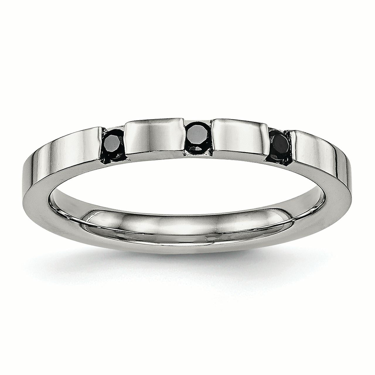 Lex & Lu Chisel Stainless Steel Polished 3 Stone Black CZ 2.50mm Band ...