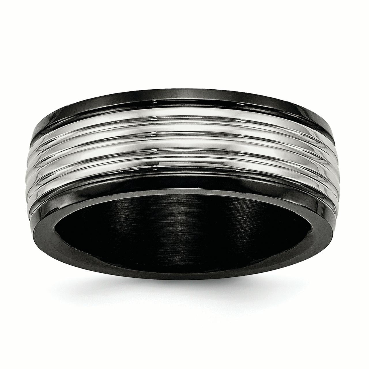 Lex & Lu Chisel Stainless Steel Polished Black IP Grooved Ring LAL42071 ...