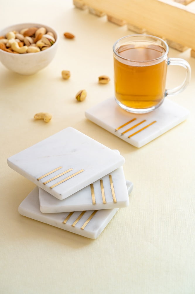 Lexi Home Square Real Marble Coasters with Brass Inlay Design - Set of ...