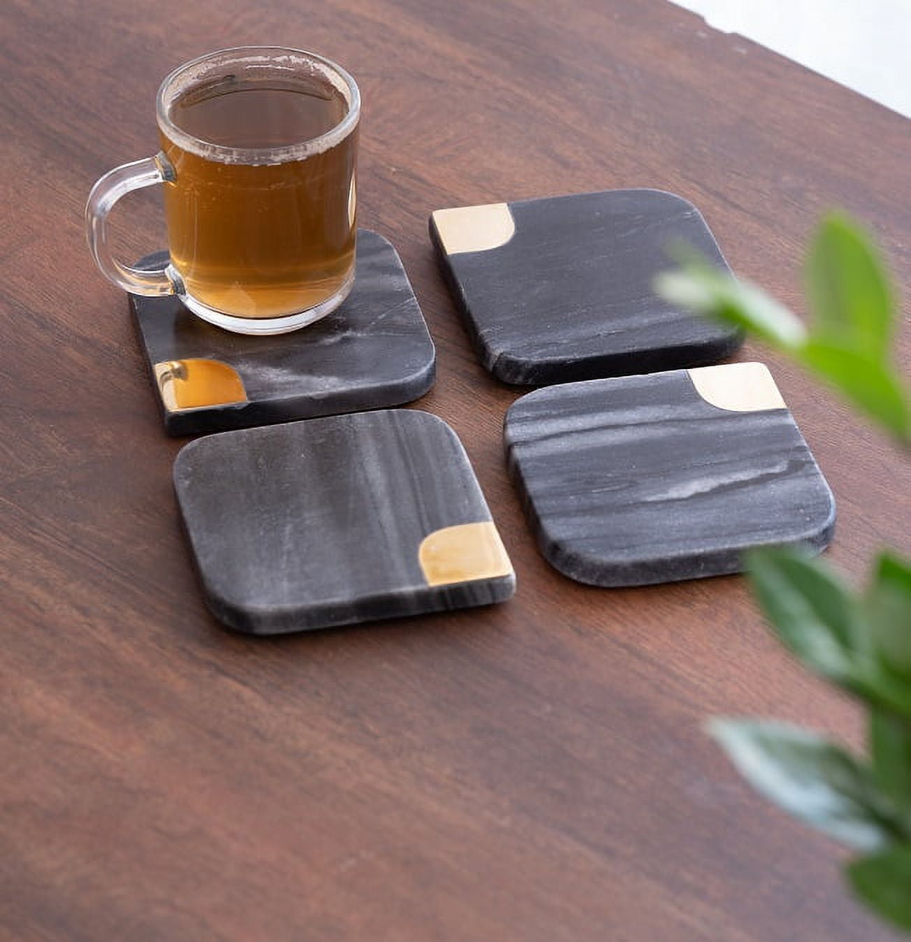 Lexi Home Square Real Marble Coasters with Brass Inlay Design - Set of ...