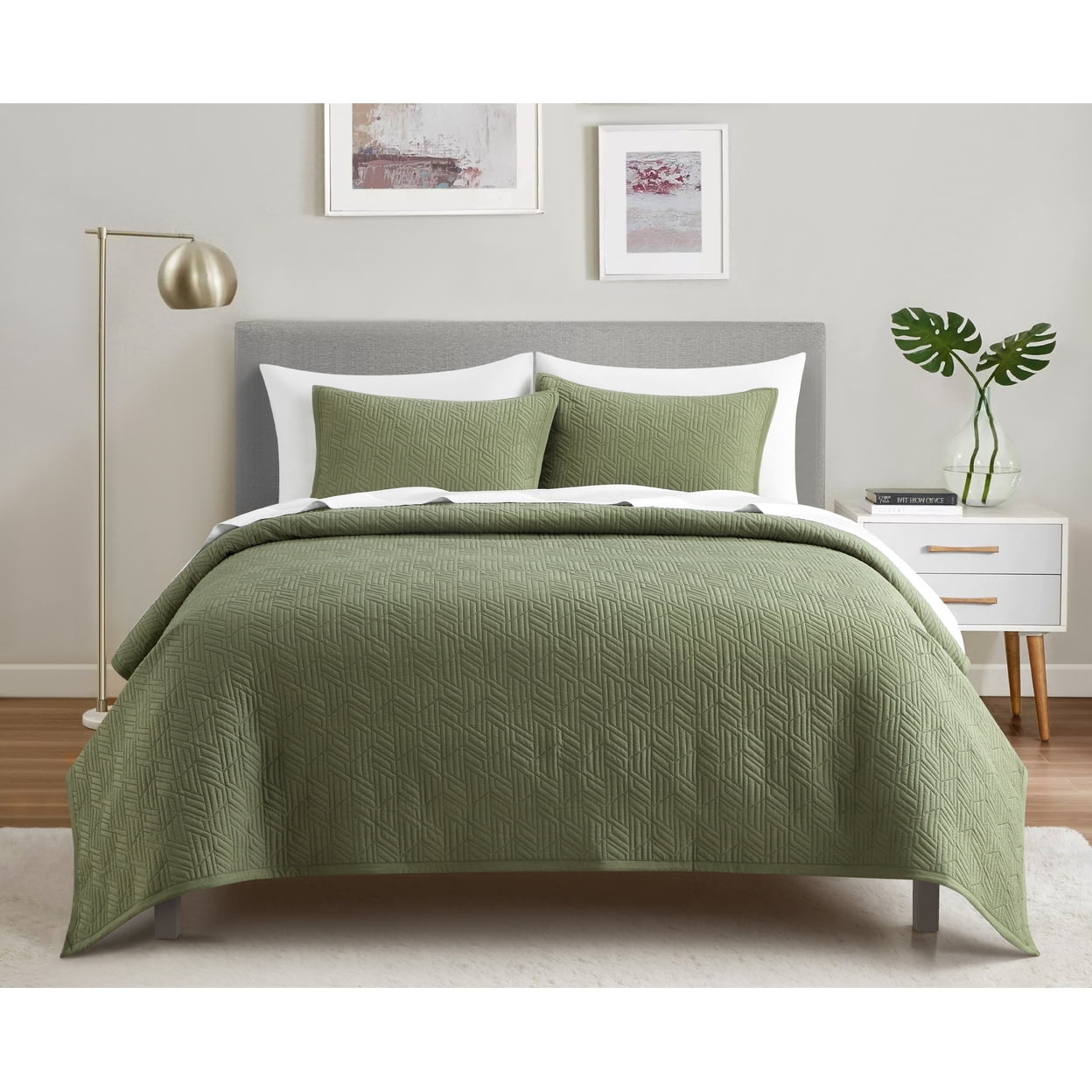 Lexie 3-Piece Quilt Coverlet Set - Modern Geometric Pattern and Crinkle Crush Fabric Lightweight ...