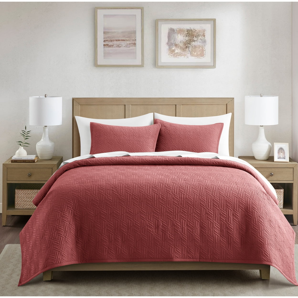 Lexie 3-Piece Quilt Coverlet Set - Modern Geometric Pattern and Crinkle Crush Fabric Lightweight ...