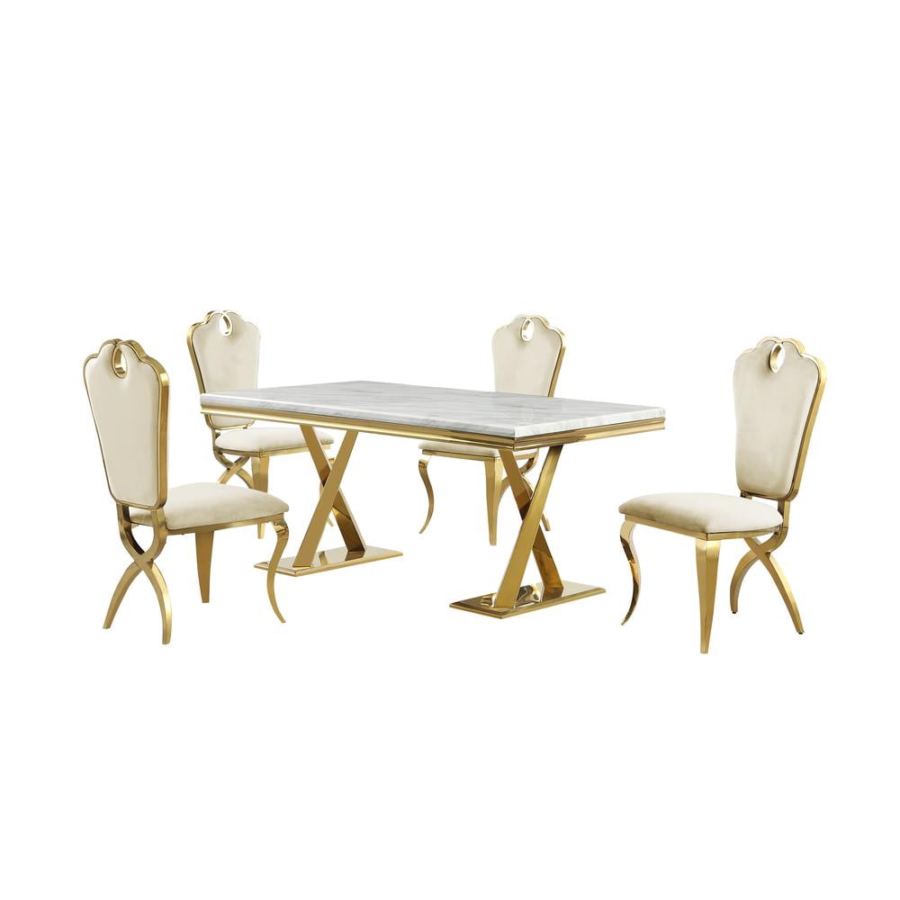 Lexim Faux Marble Dining Set in Cream/Gold (5-Piece) - Walmart.com