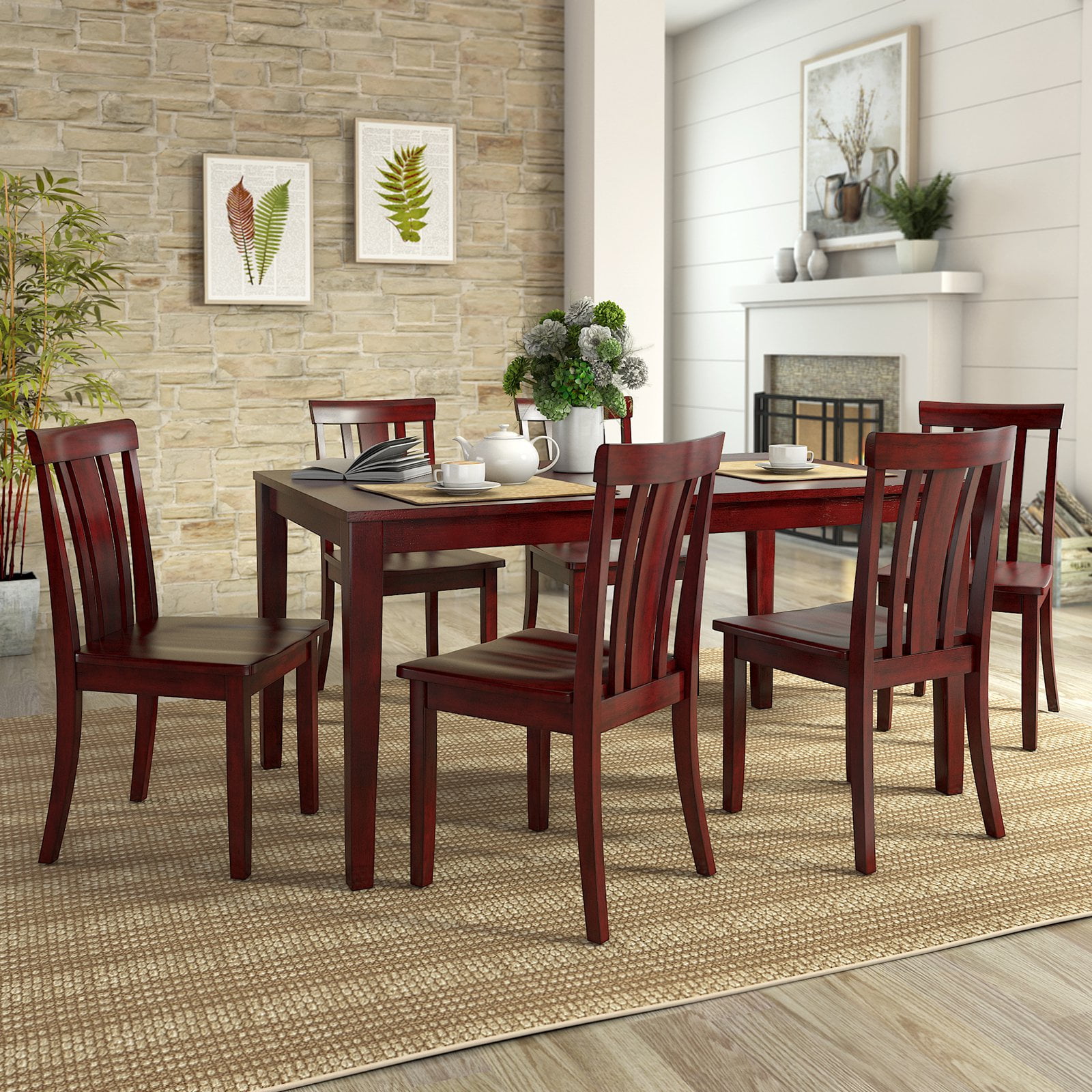 Lexington Large Wood Dining Set with 6 Slat Back Chairs, Berry Red ...