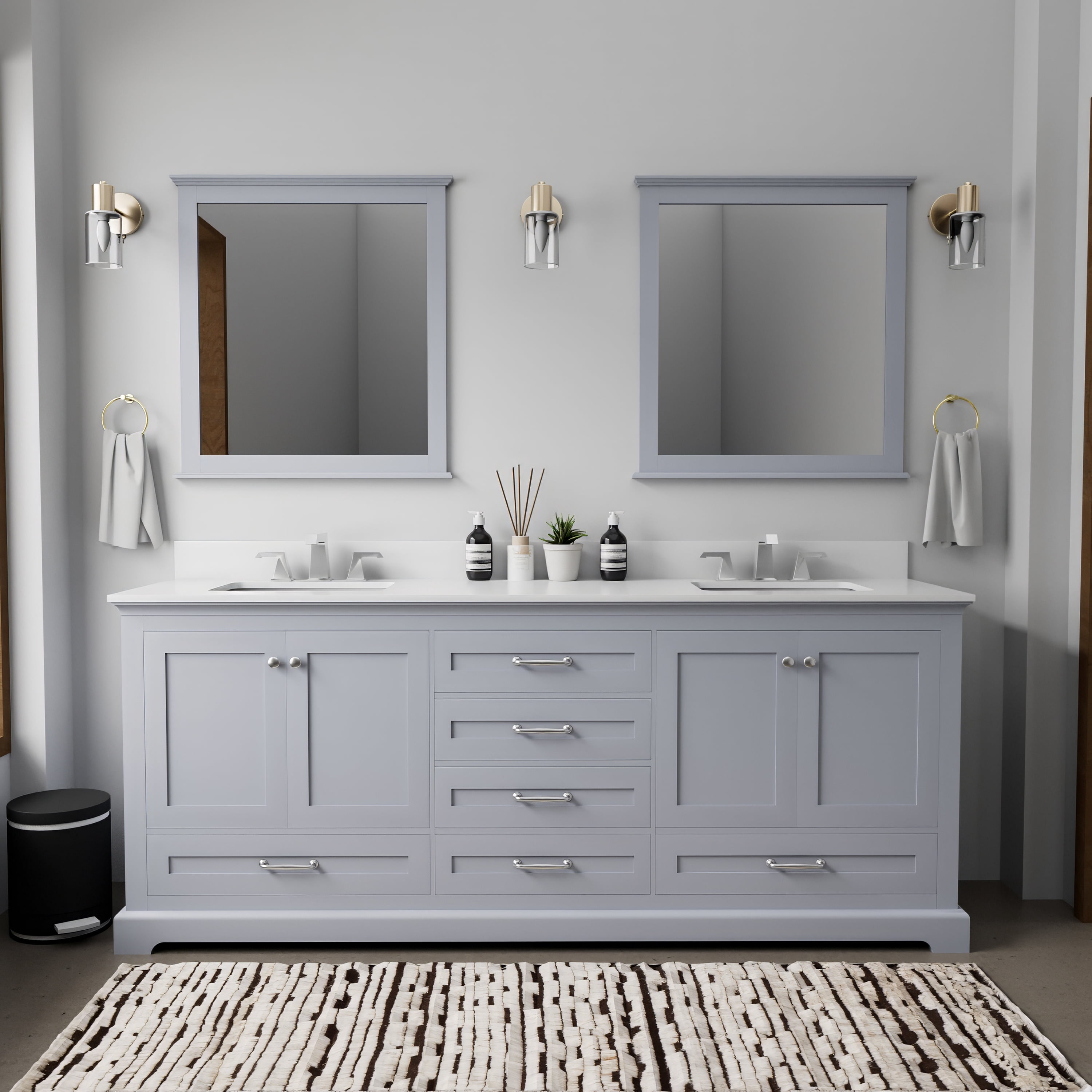 Dark Grey Double Bath Vanity 80 in. W x 22 in. D, with White Quartz Top ...