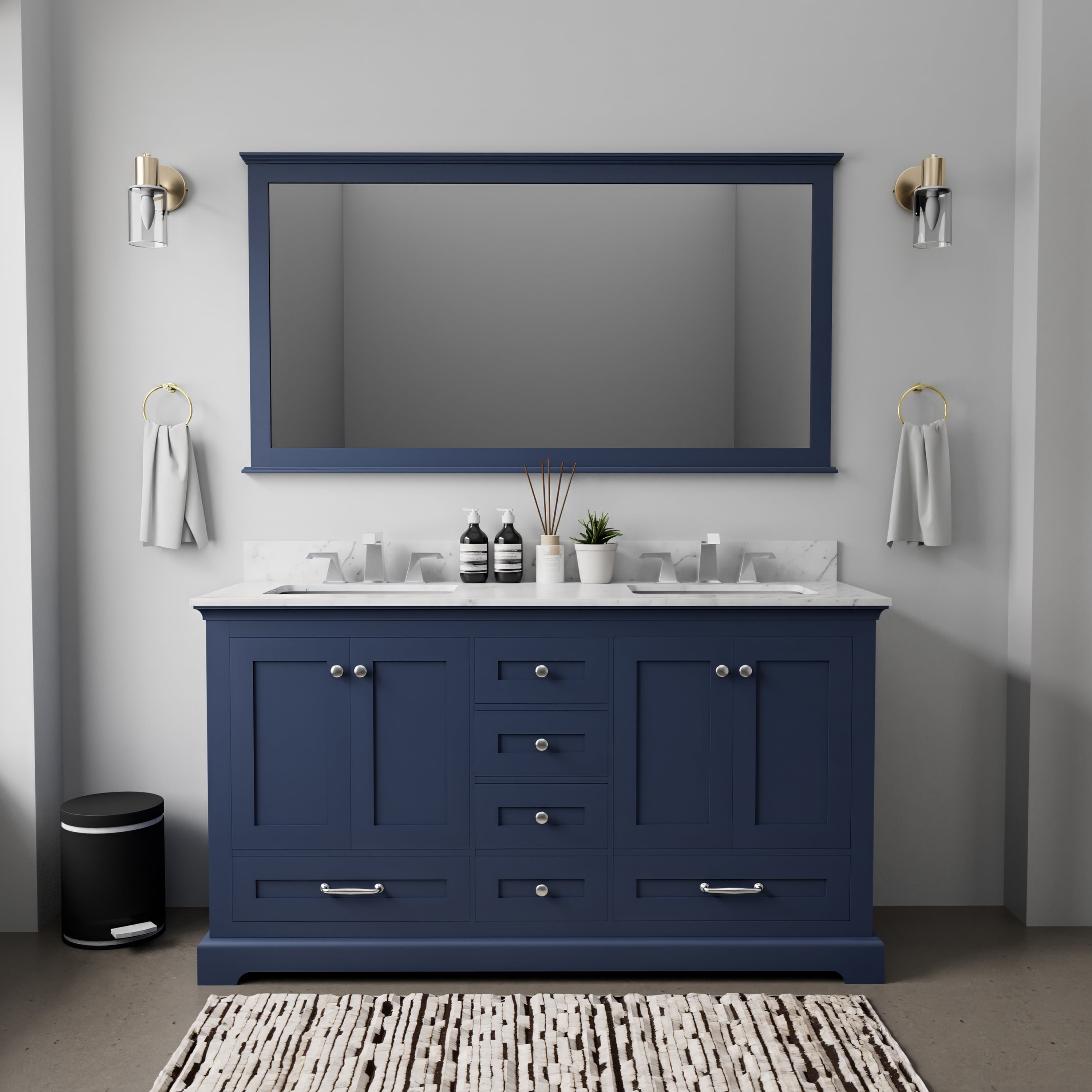 "Lexora Home Dukes 60"" Modern Navy Blue Vanity Cabinet with Soft-Close ...
