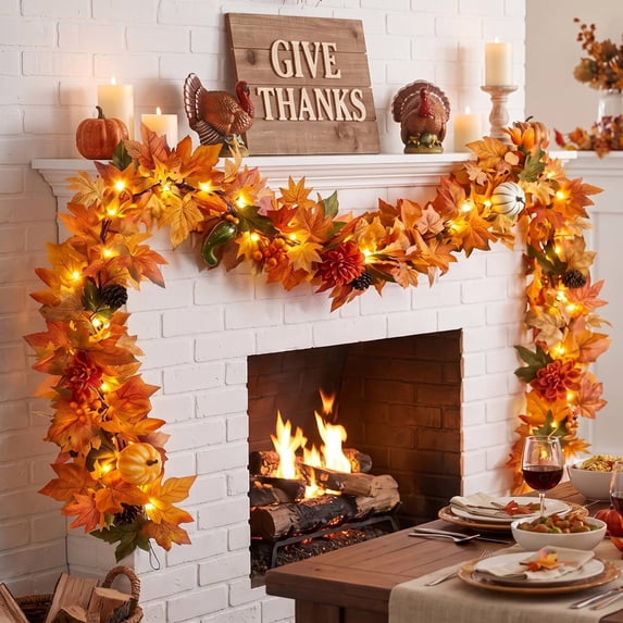 Leyaron Fall Garland with Lights, 6 Ft Autumn Maple Leaves Garland Fall ...