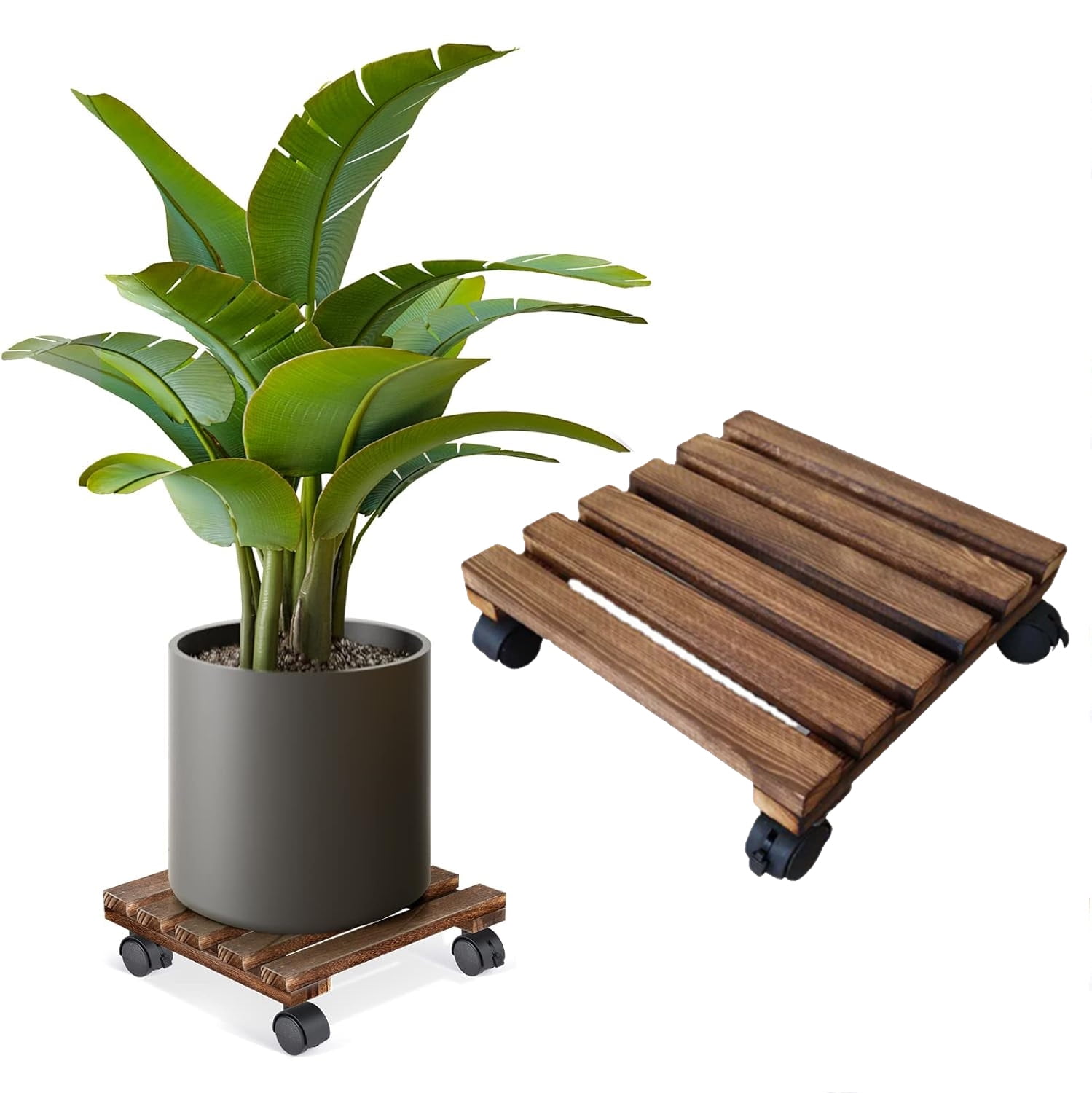 Leyeet Wood Planter Caddy, 12 Inch Stand with Lockable Wheels, Heavy ...