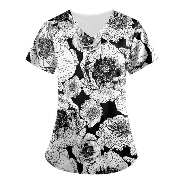Leyizhou Clearance Plus Size Scrubs V Neck Short Sleeve Women Cartoon Cute Printed Nursing