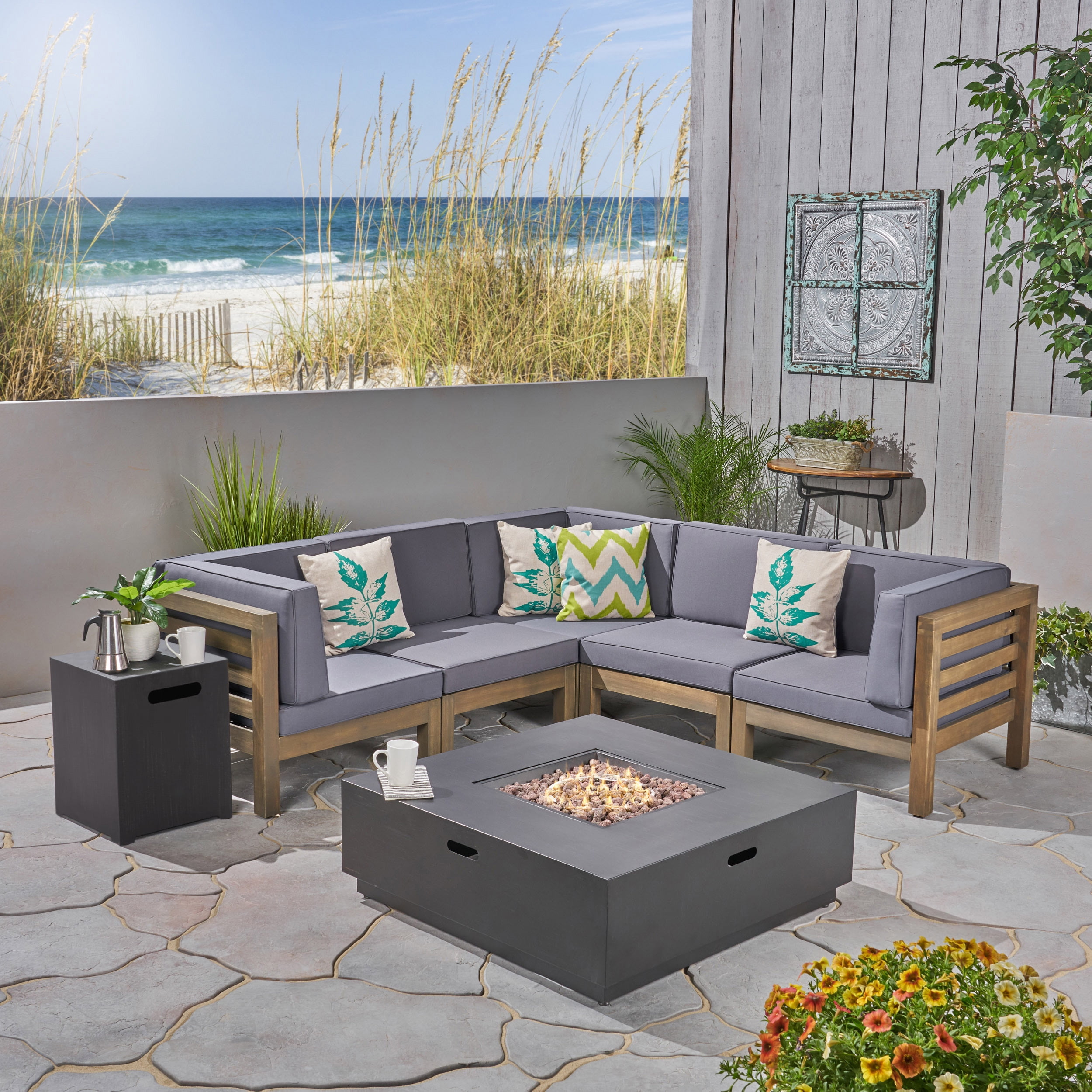 Leyla Outdoor 7 Piece Acacia Wood V-Shaped Sectional Sofa Set with ...
