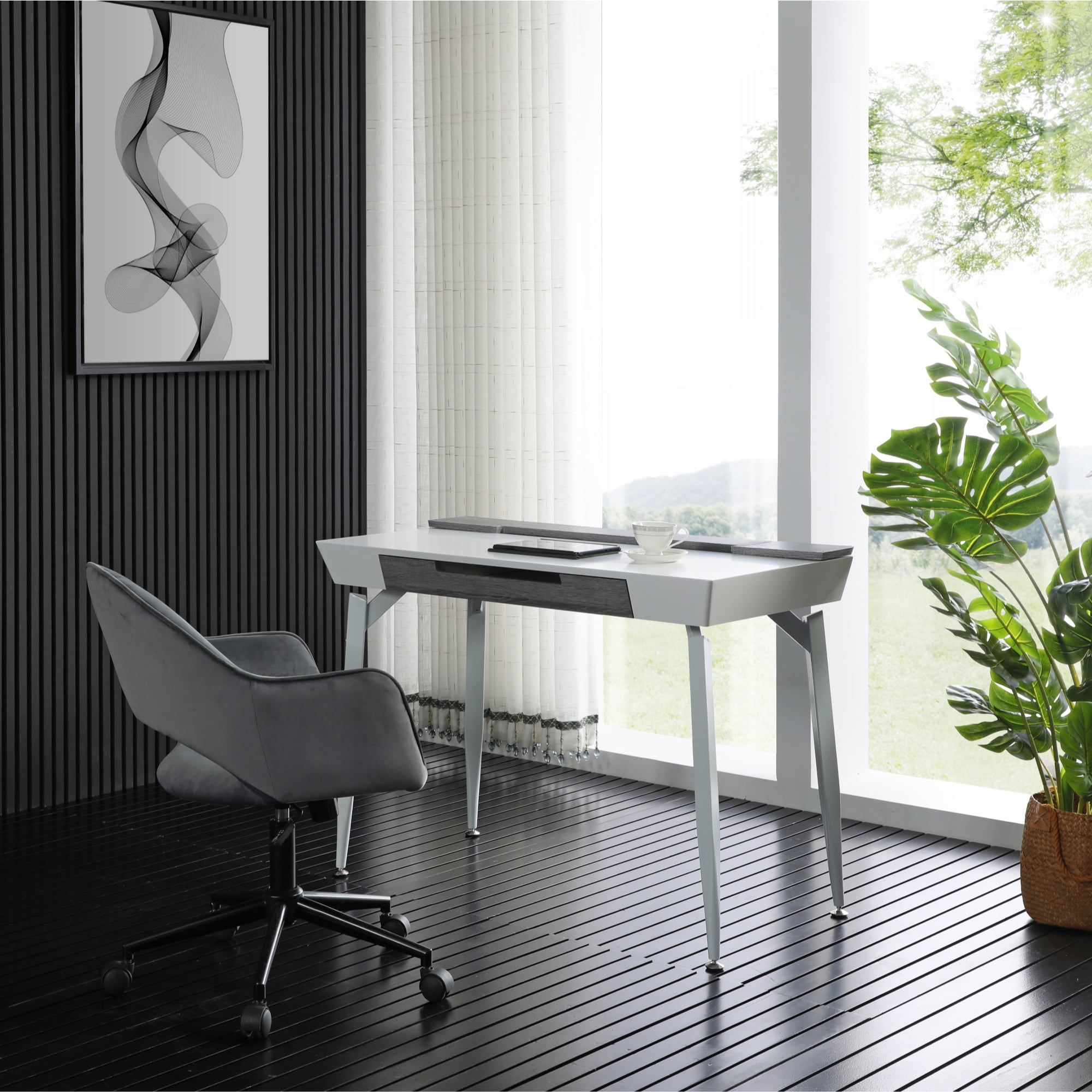 Leyla Rectangular MDF Desk with 3 Drawers and Top Storage, White/Grey ...