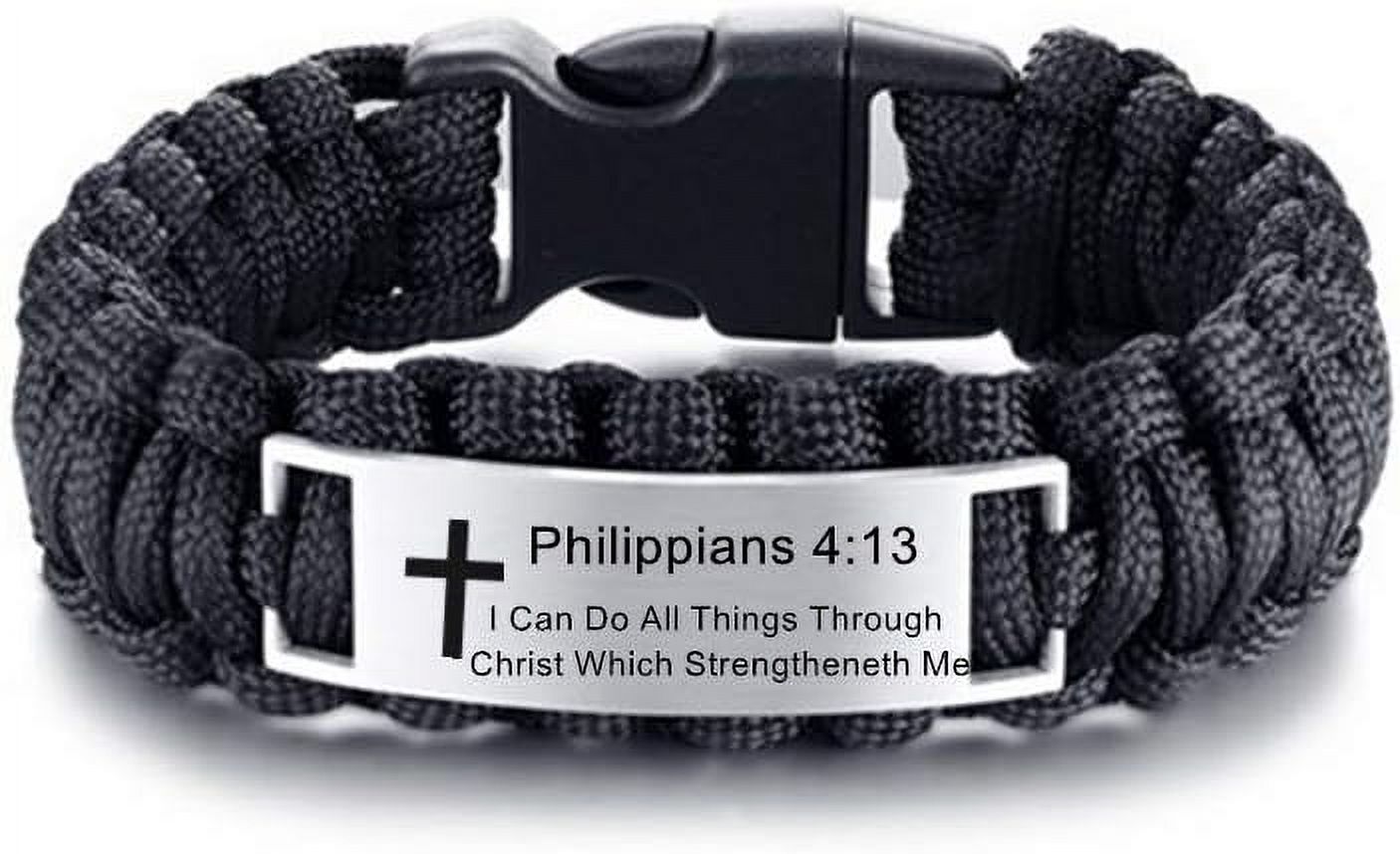 Lf Mens Stainless Steel Philippians 4 13 Bible Verse Outdoor Black Rope ...