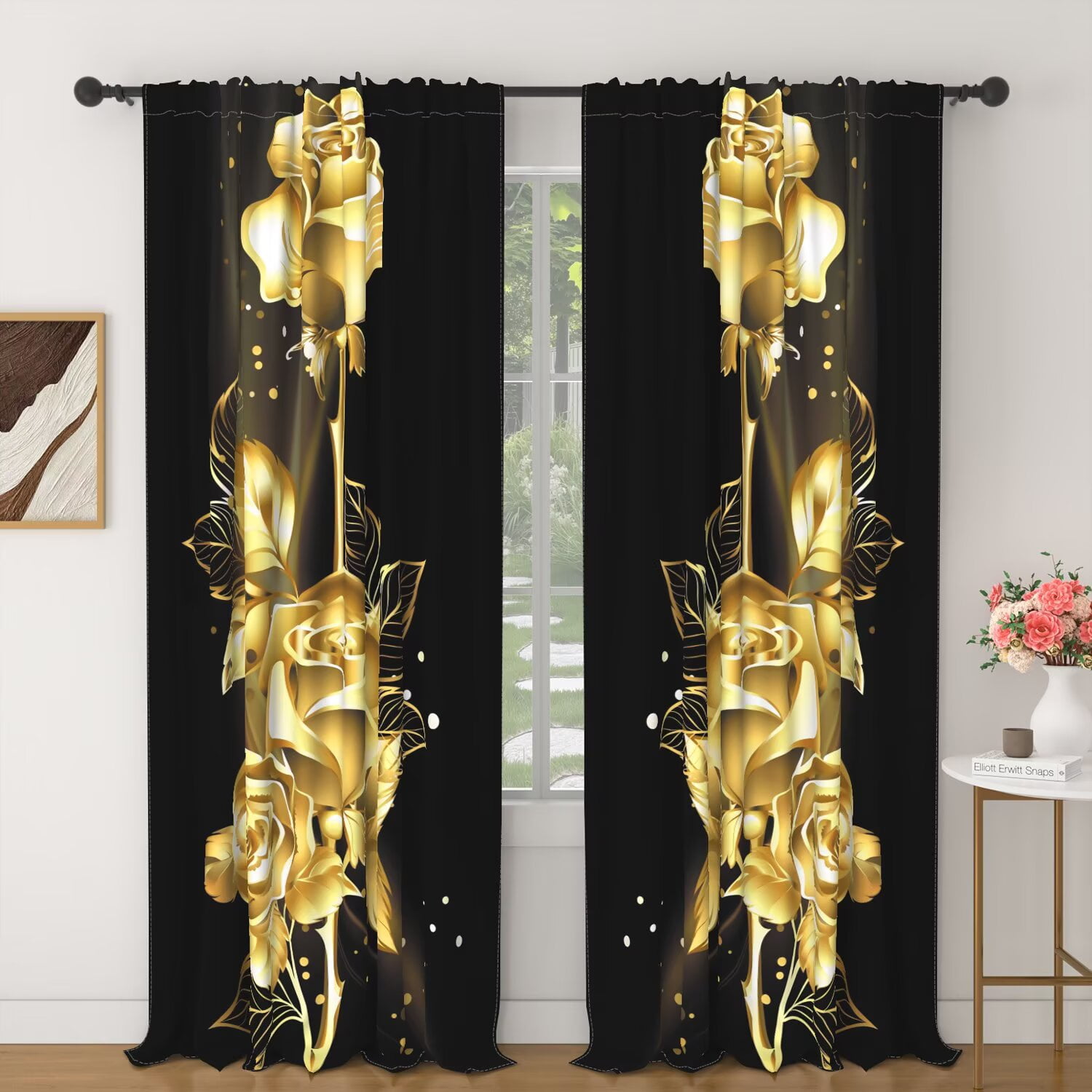 Lfeey Gold Rose Art Blackout Curtains, Elegant Black Background Rod ...