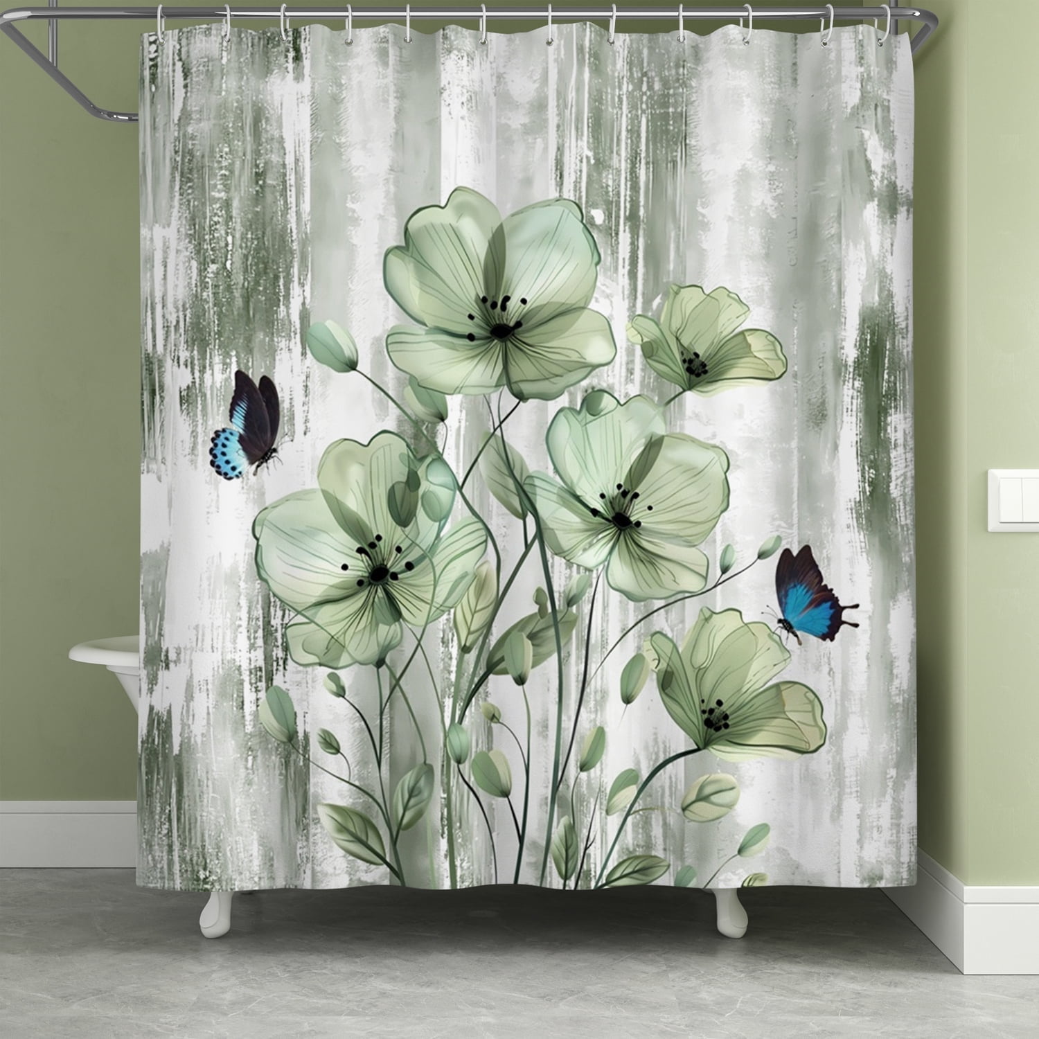 Lfeey Green Floral Waterproof Fabric Shower Curtain with Hooks Bathroom ...