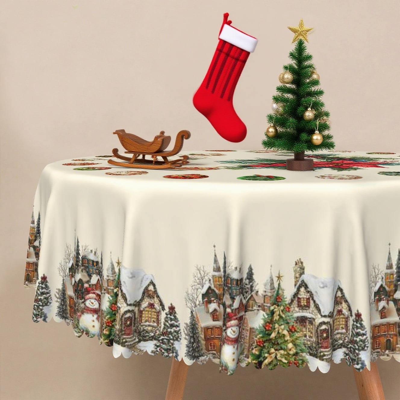 Lfeey Round Christmas Tablecloth 70 inch, Wreath and Bells Christmas ...
