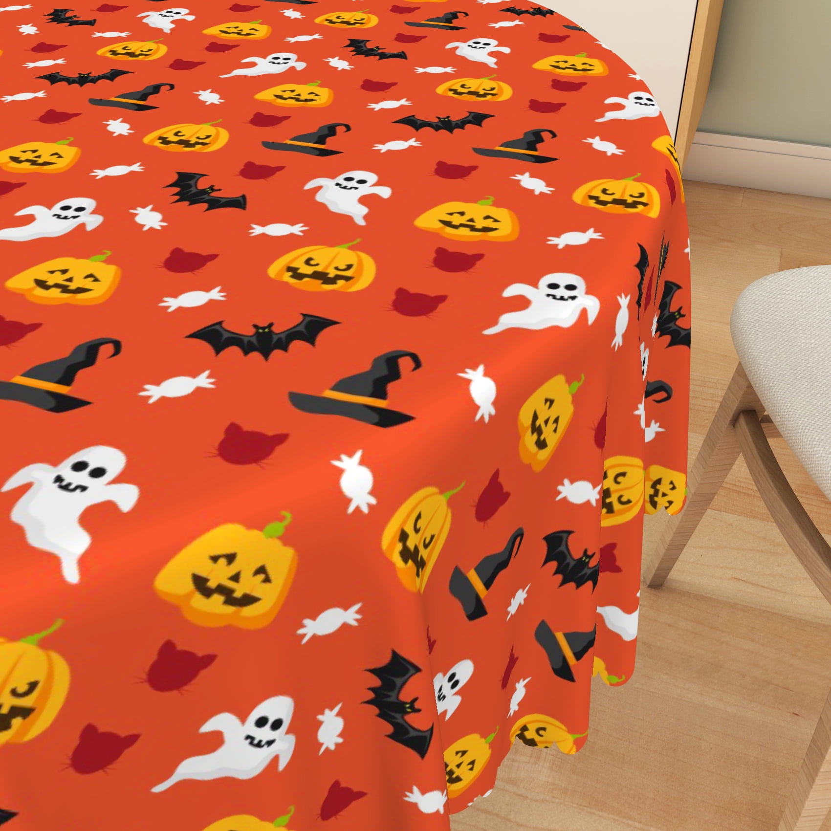 Lfeey Round Tablecloth, Pumpkin Light Bat Halloween, Orange, 60 inches ...