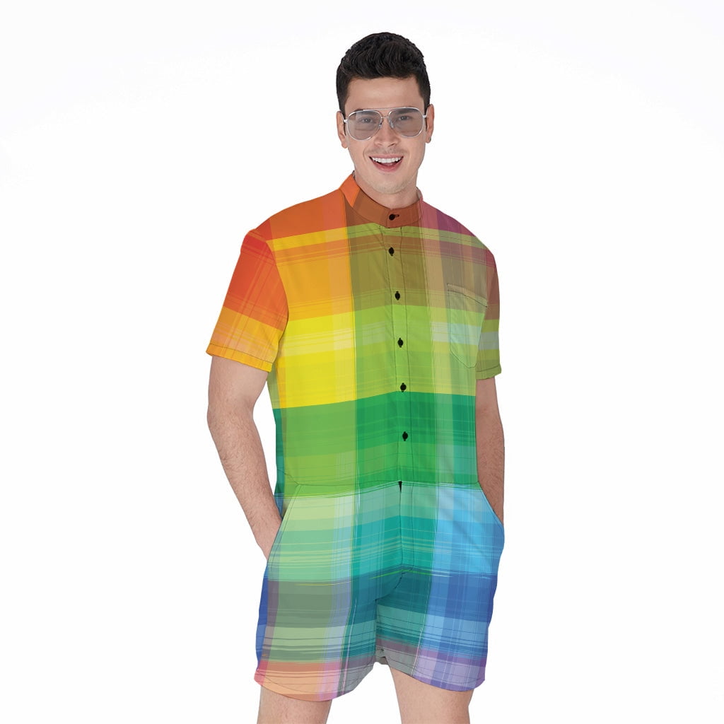 Lgbt Pride Rainbow Plaid Pattern Short Sleeve Men'S Rompers, Lgbt ...