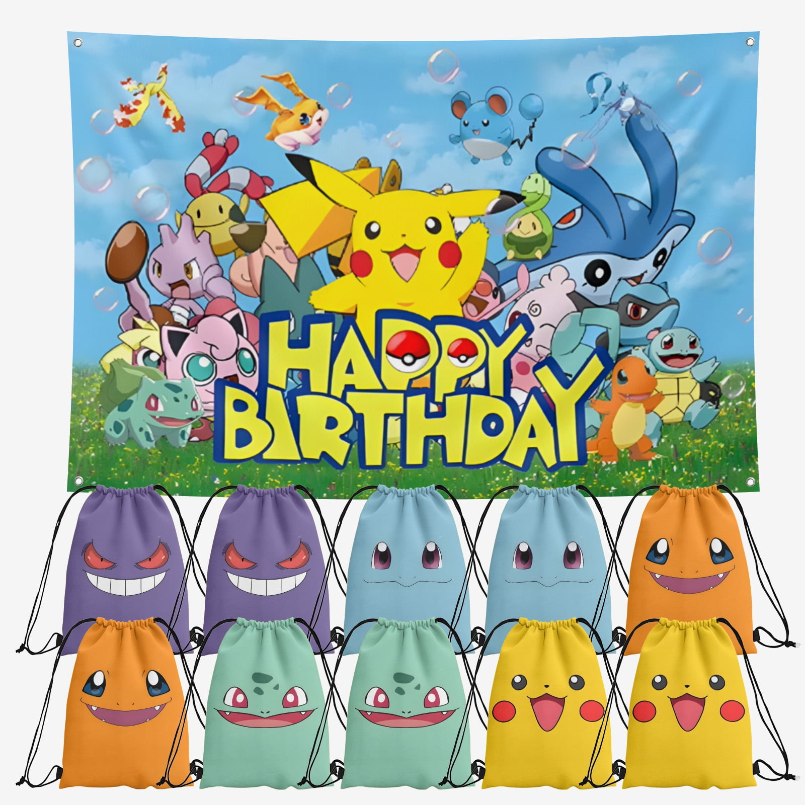 Lheaggik Cartoon pokemon Happy Birthday Party Supplies,10 Pieces Happy Birthday Candy Drawstring ...