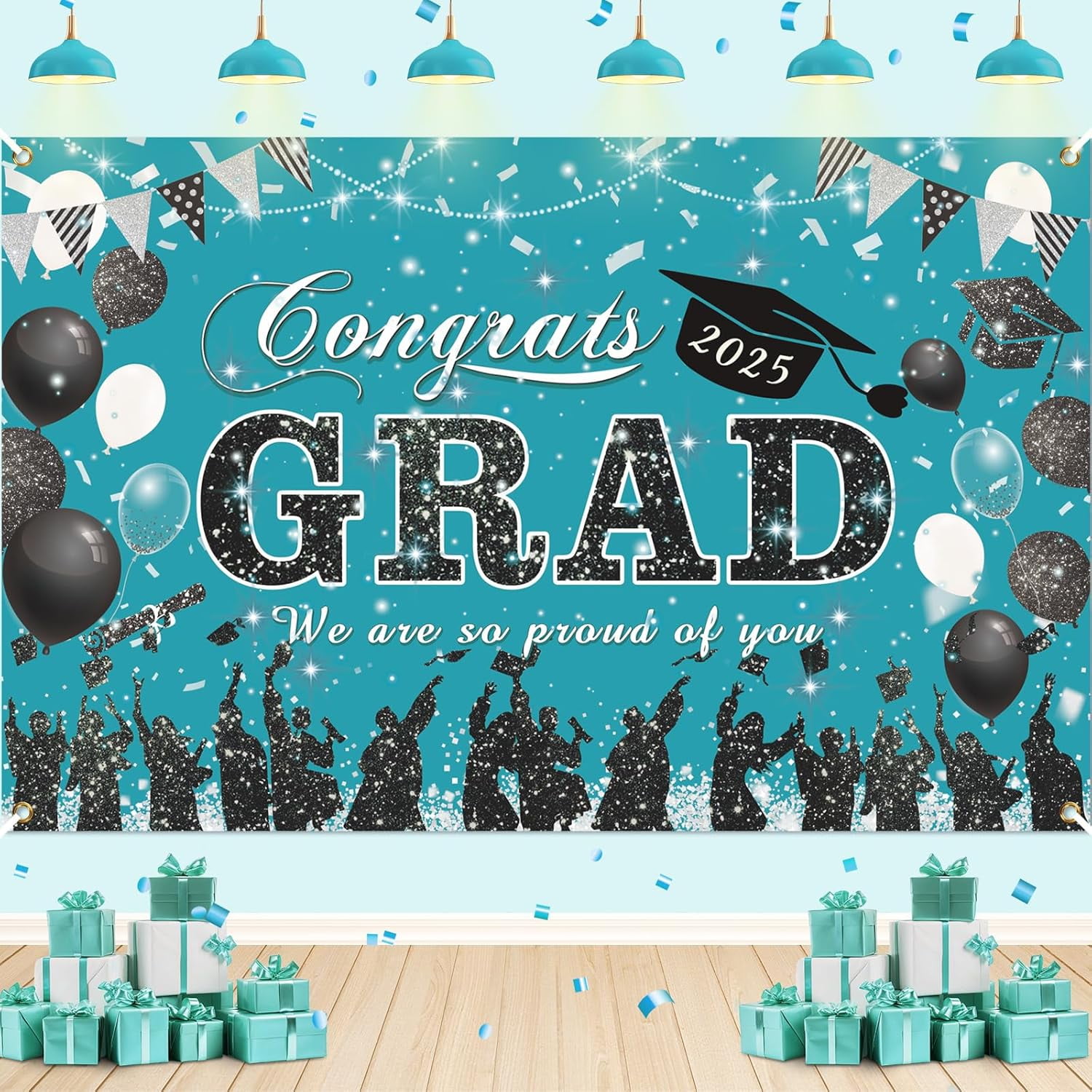 Lheaggik Graduation Decoration Banner, Teal Black Congrats Grad Banner ...