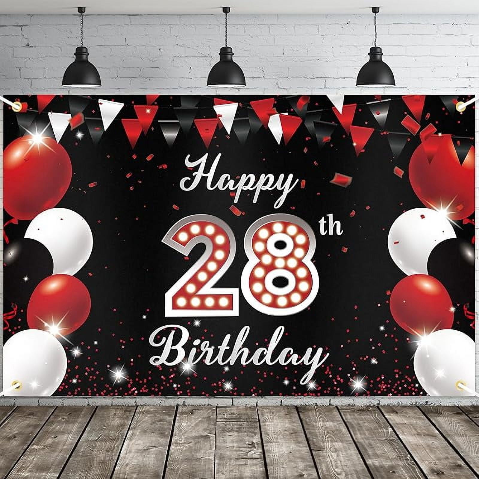 Lheaggik Happy 28th Birthday Banner, Red Black Happy Birthday Party ...