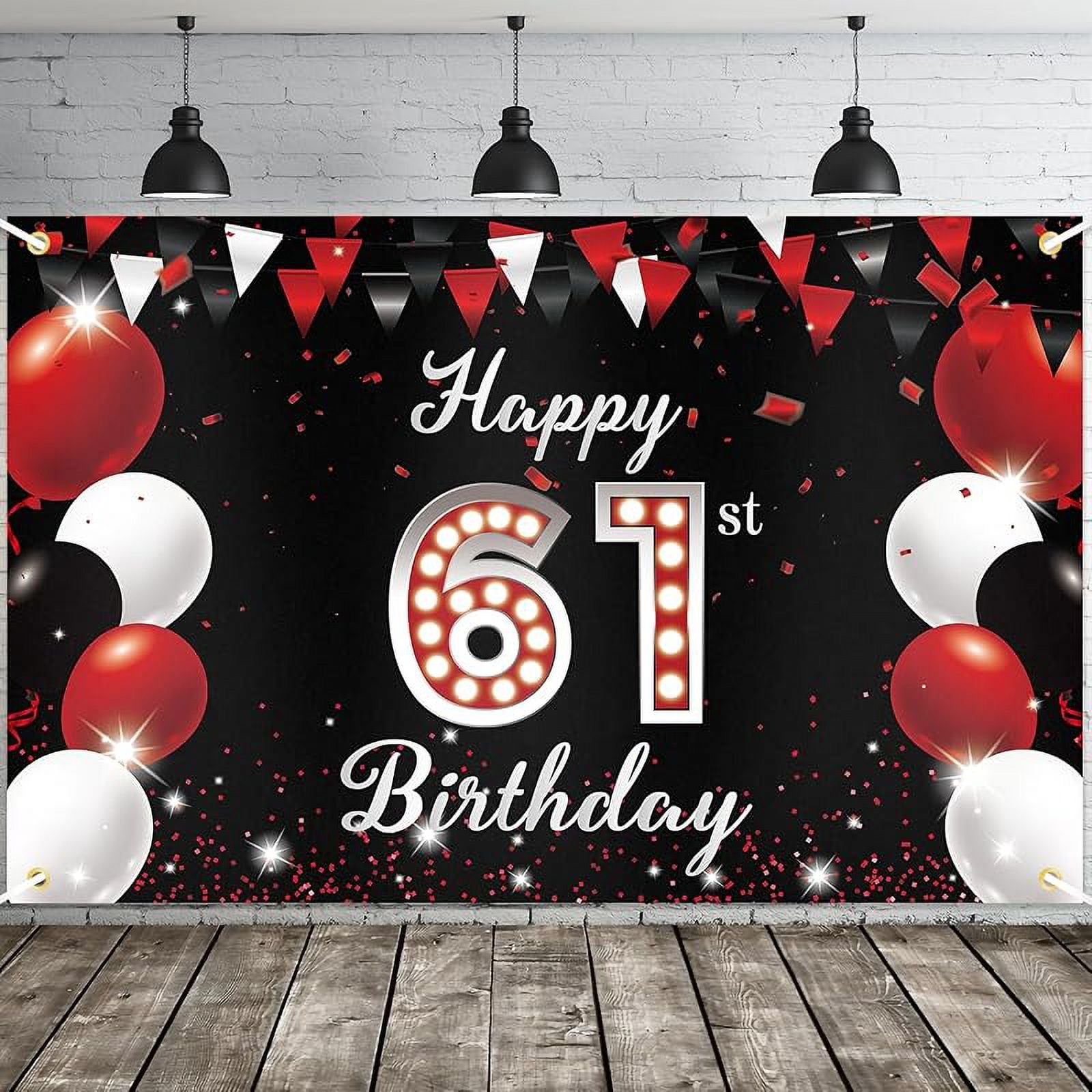 Lheaggik Happy 61st Birthday Banner, Red Black Happy Birthday Party ...