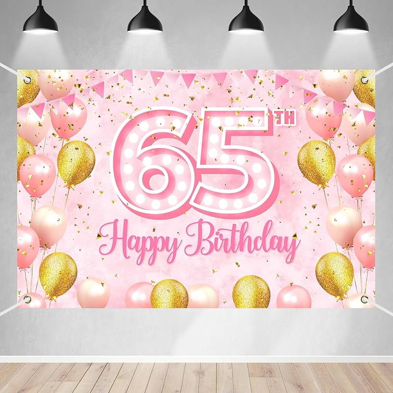 Lheaggik Happy 65th Birthday Banner Backdrop Pink Theme Rose Gold ...