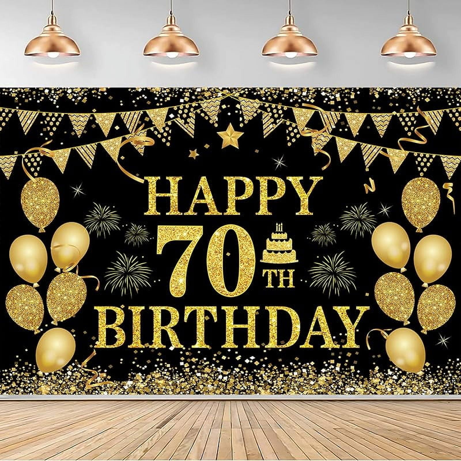Lheaggik Happy 70th Birthday Banner Decorations Black Gold Welcome ...