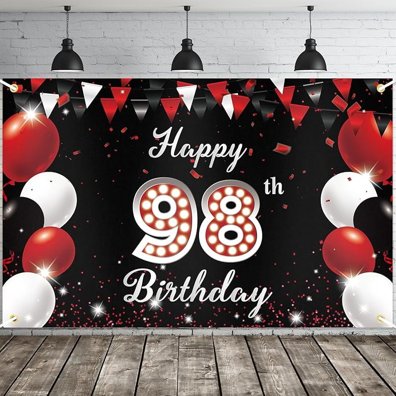 Lheaggik Happy 98th Birthday Banner, Red Black Happy Birthday Party ...