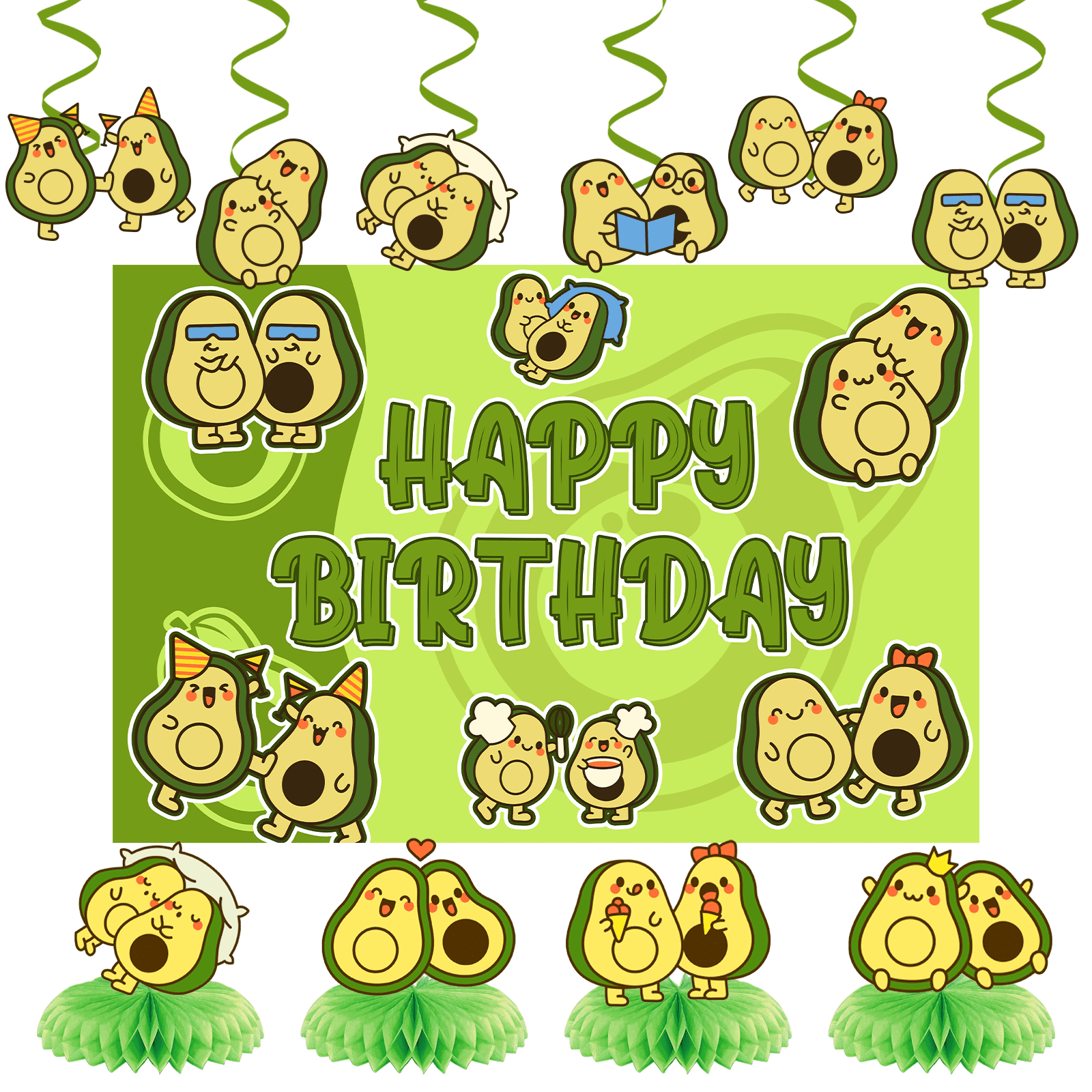 Lheaggik Happy Birthday Banner Set Avocado Birthday Backdrop Cartoon ...