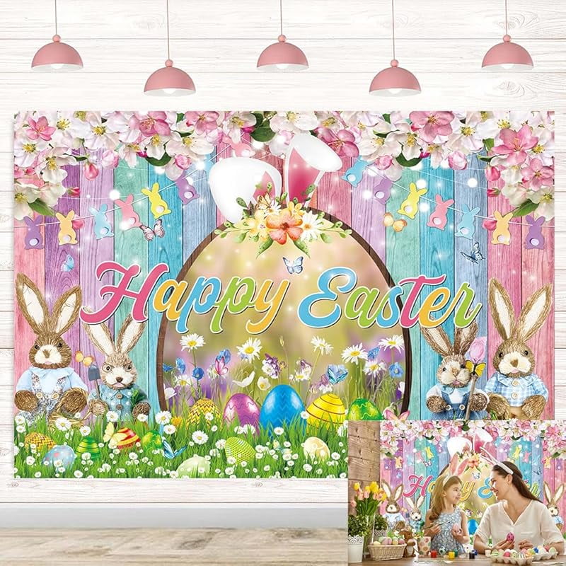Lheaggik Happy Easter Backdrop Colorful Wood Easter Photography ...