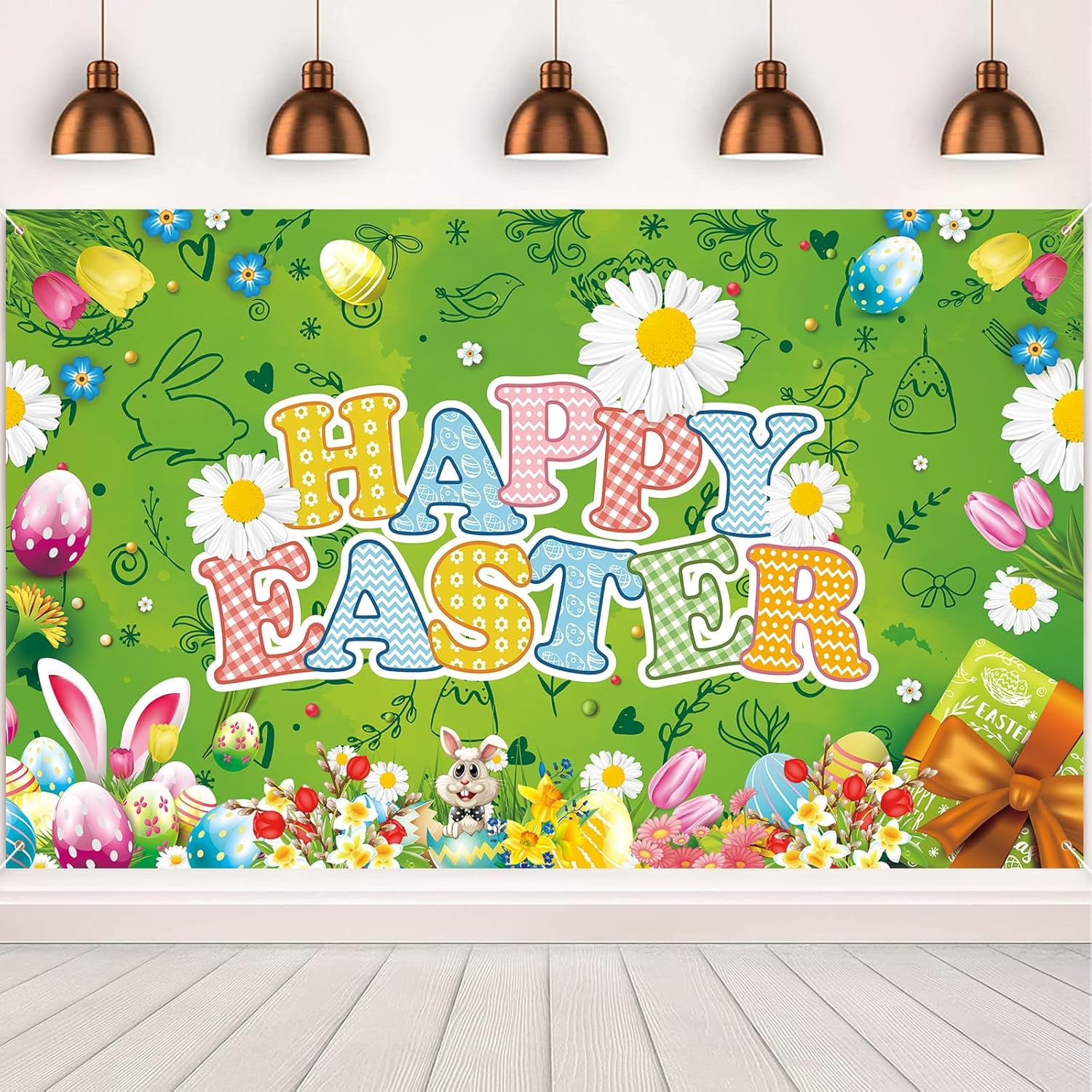 Lheaggik Happy Easter Banner Backdrop, 7x5ft Colorful Spring Egg Bunny ...