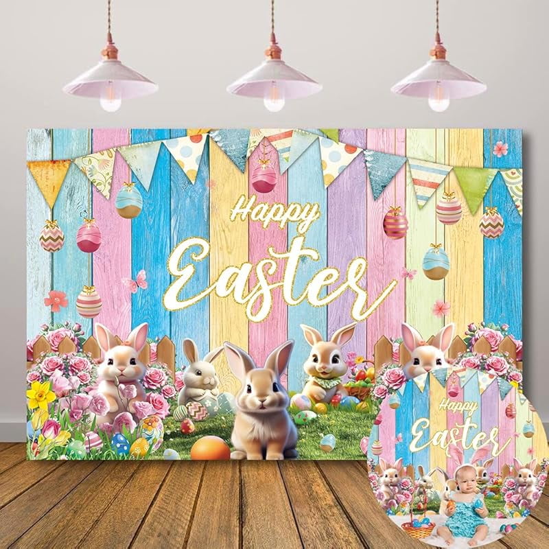 Lheaggik Happy Easter Party Backdrop Rabbit Color Eggs Grass Wooden ...