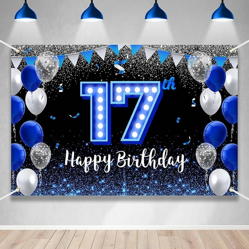 Lheaggik Large Happy 17th Birthday Backdrop Banner Blue Black Theme ...
