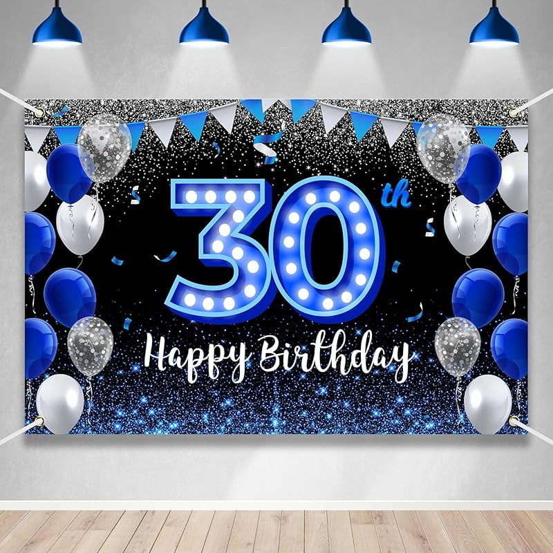 Lheaggik Large Happy 30th Birthday Backdrop Banner Blue Black Theme ...