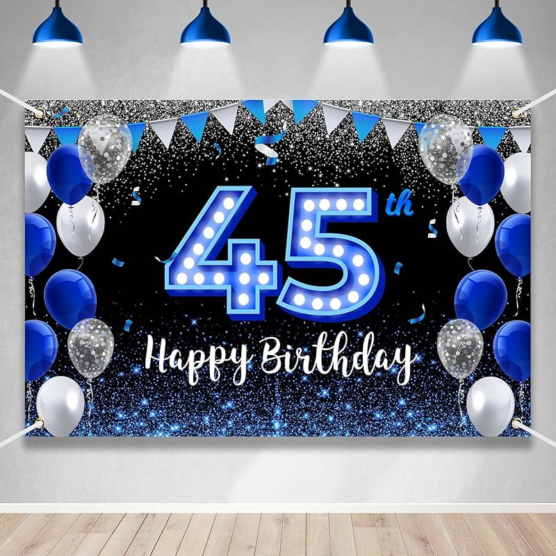 Lheaggik Large Happy 45th Birthday Backdrop Banner Blue Black Theme ...