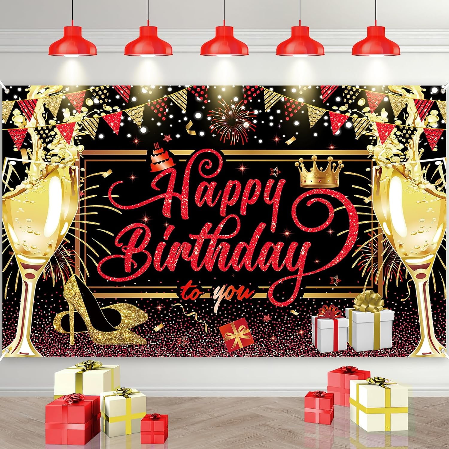 Lheaggik Red Black Gold Happy Birthday Banner, Red and Black Birthday ...