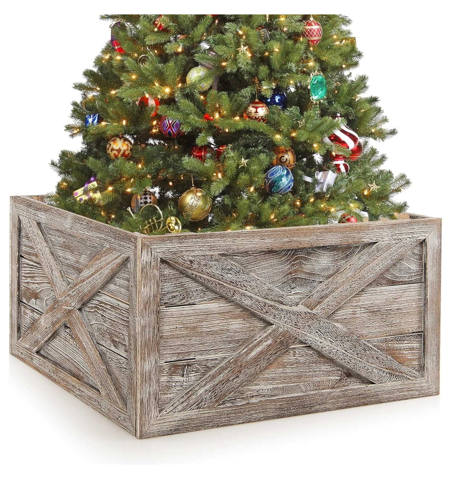 Li shun jin 28.5” L Wooden Christmas Tree Collar Box, White Wash Vintage Tree Box Stand Cover ...